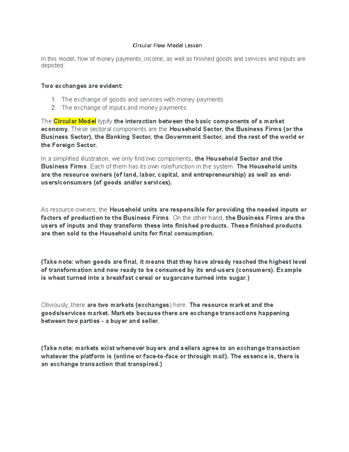 Circular Flow Model Lesson - Two exchanges are evident: The exchange of ...