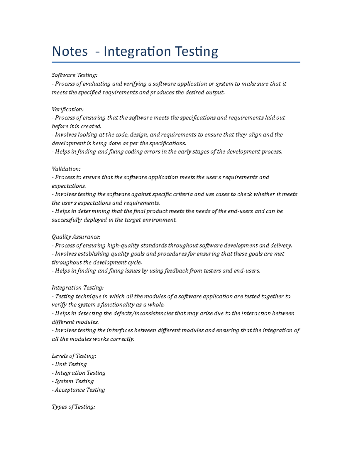 Lecture Notes Integration Testing Notes Integration Testing Software Testing Process Of
