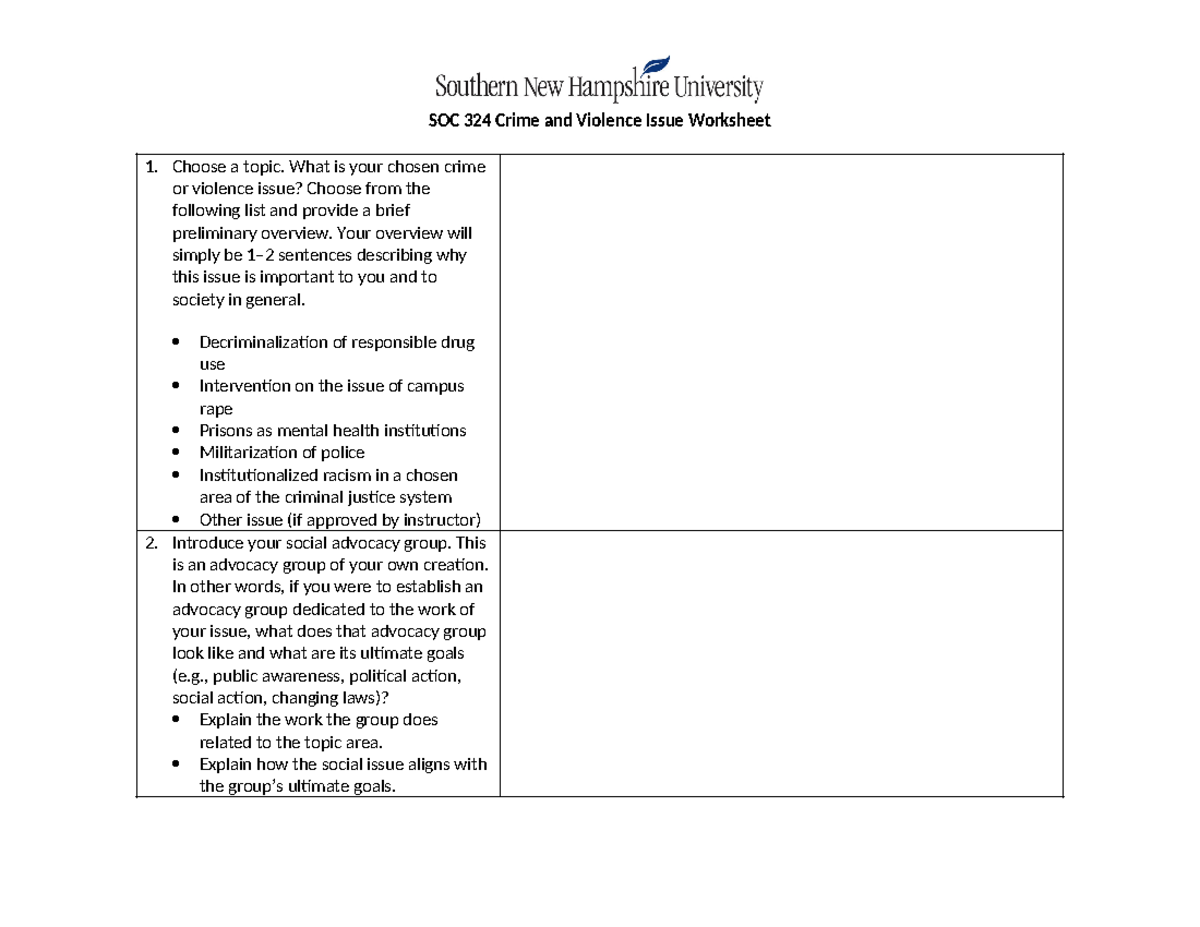 Soc324 crime and violence issue worksheet - SOC 324 Crime and Violence ...