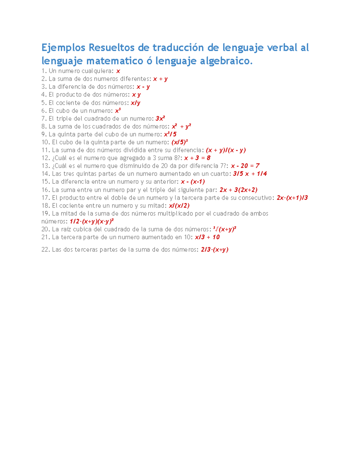 Ejercicios - GGGGG - Ejemplos Resueltos de traducción de lenguaje verbal al lenguaje matematico ...