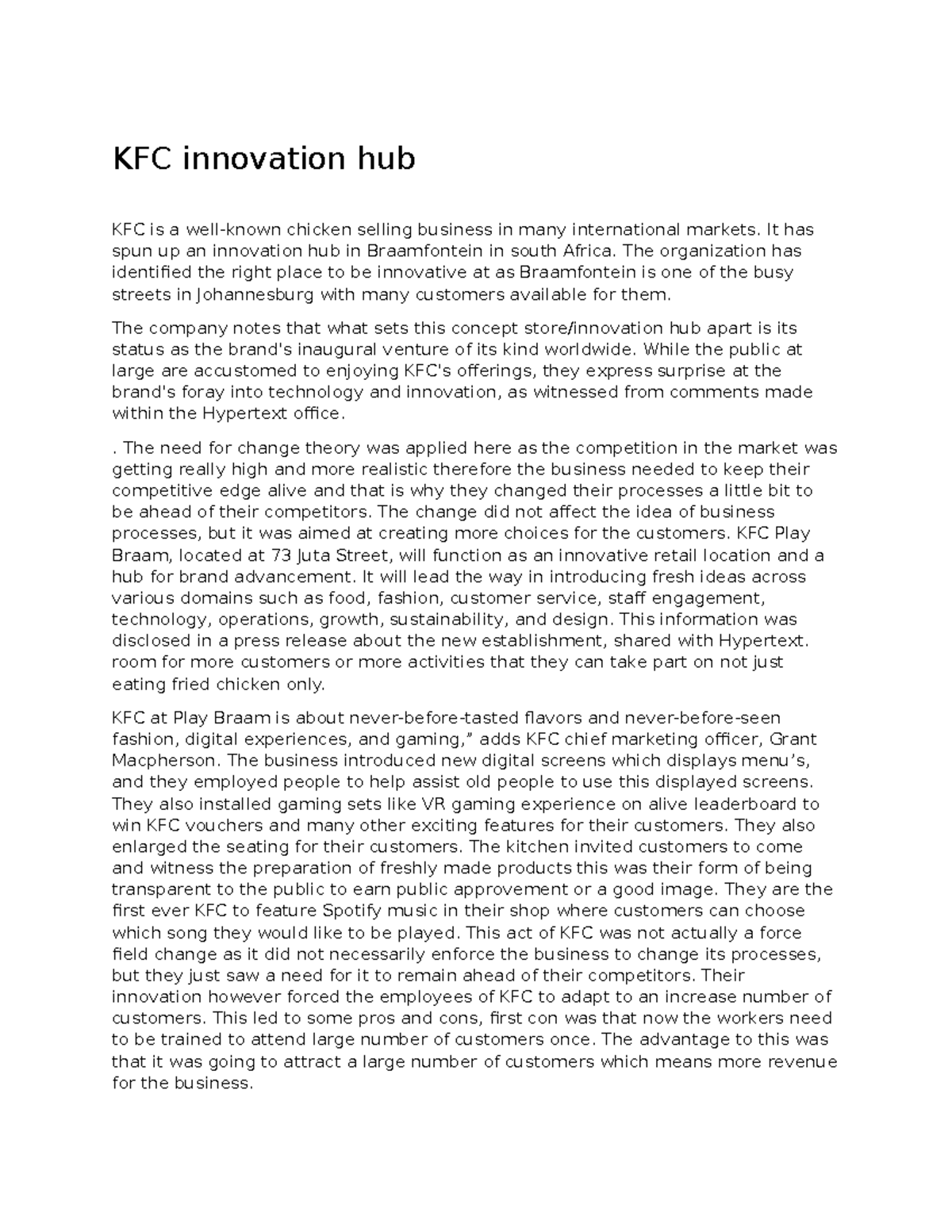 Commece 100 - no further information - KFC innovation hub KFC is a well ...