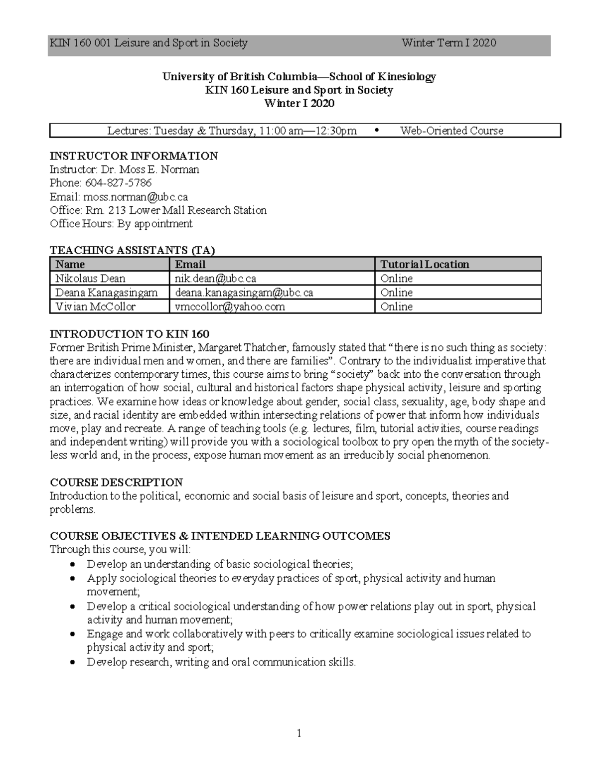 KIN 160 Course Outline Final - University of British Columbia—School of ...