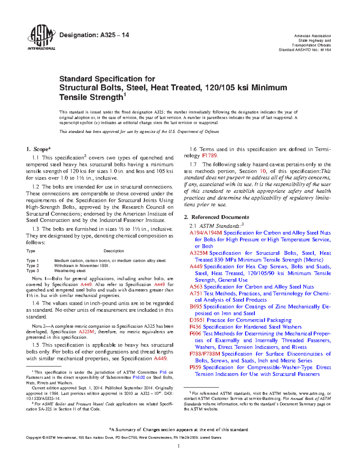 ASTM A325-14 Standard Specification for Structural Bolts, Steel, Heat ...