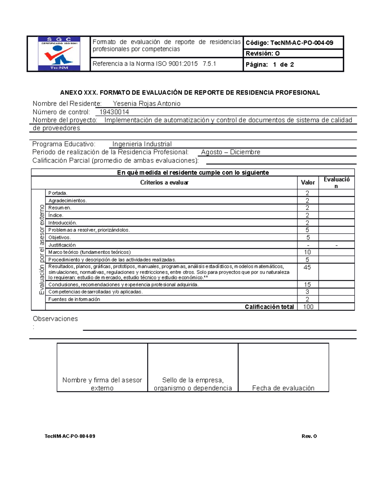 Anexo XXX formato evaluacion seguimiento final - Formato de evaluación de reporte de residencias ...