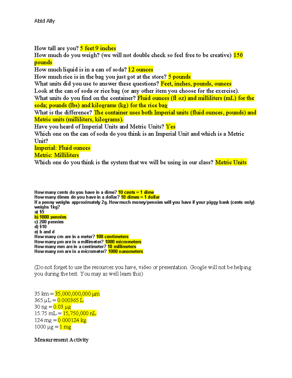 Measurement Lab activity 2 - How tall are you? 5 feet 9 inches How much ...