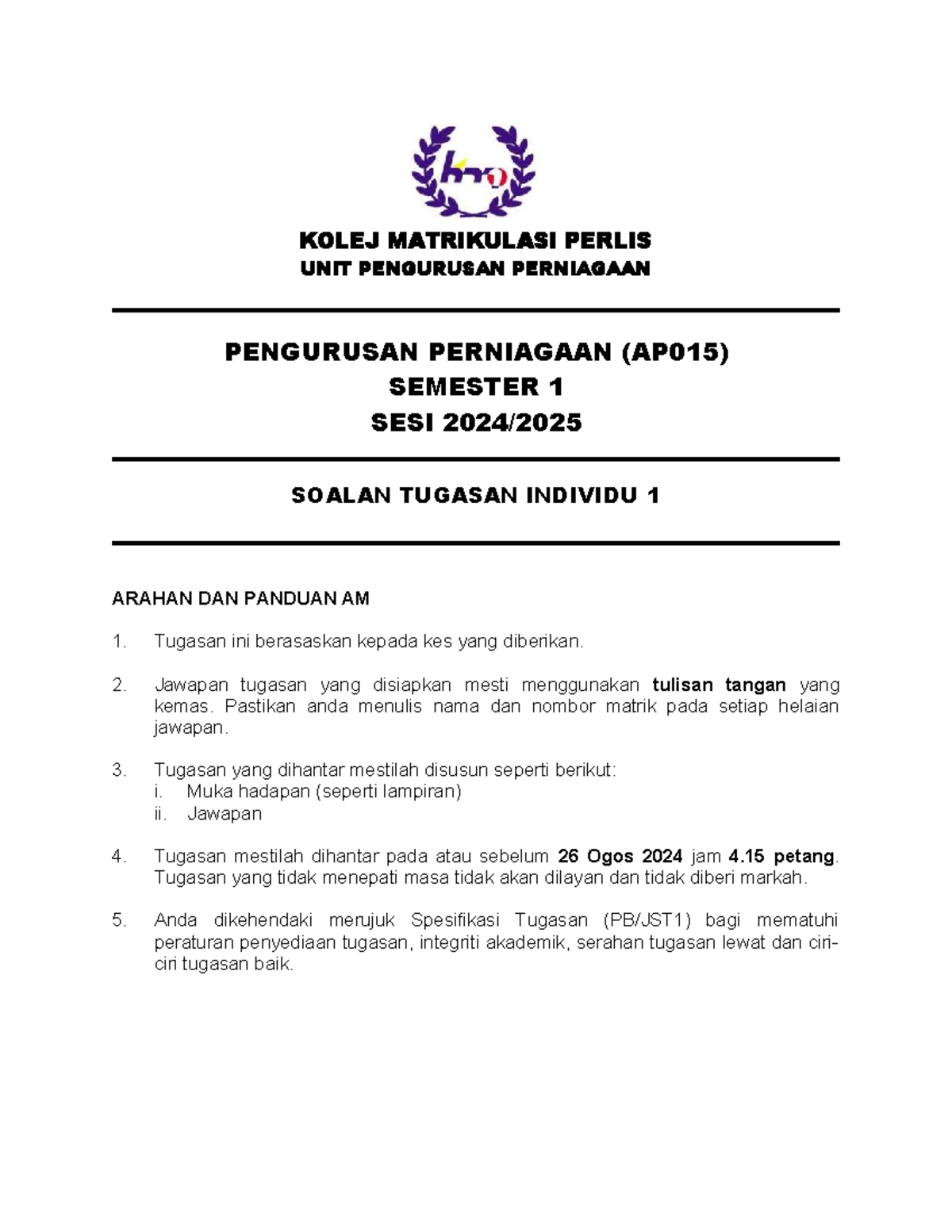 Arahan DAN Cover Tugasan Individu 1 Pengurusan Perniagaan AP015 - KOLEJ ...