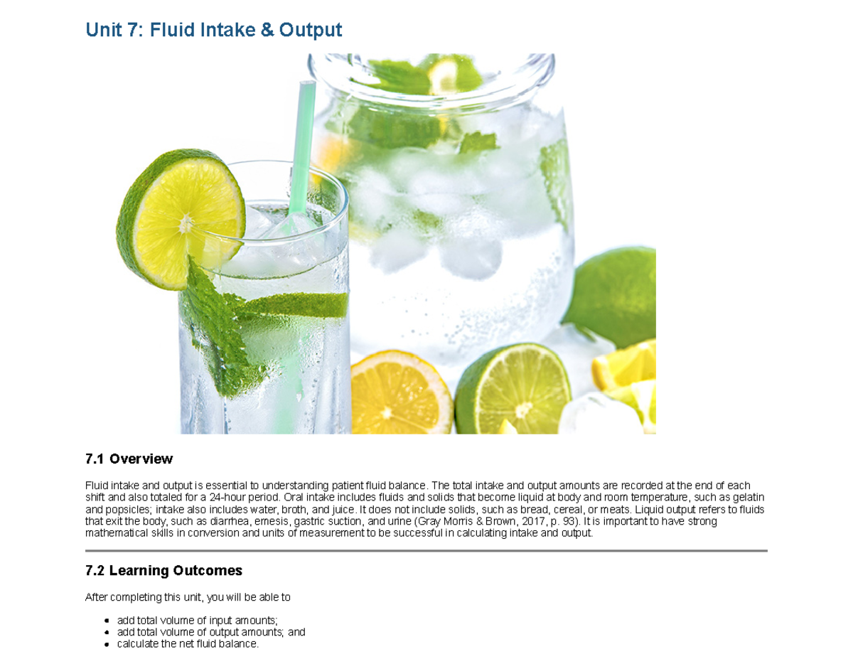 Unit 7 - course summary - Unit 7: Fluid Intake & Output 7 Overview Fluid intake and output is ...