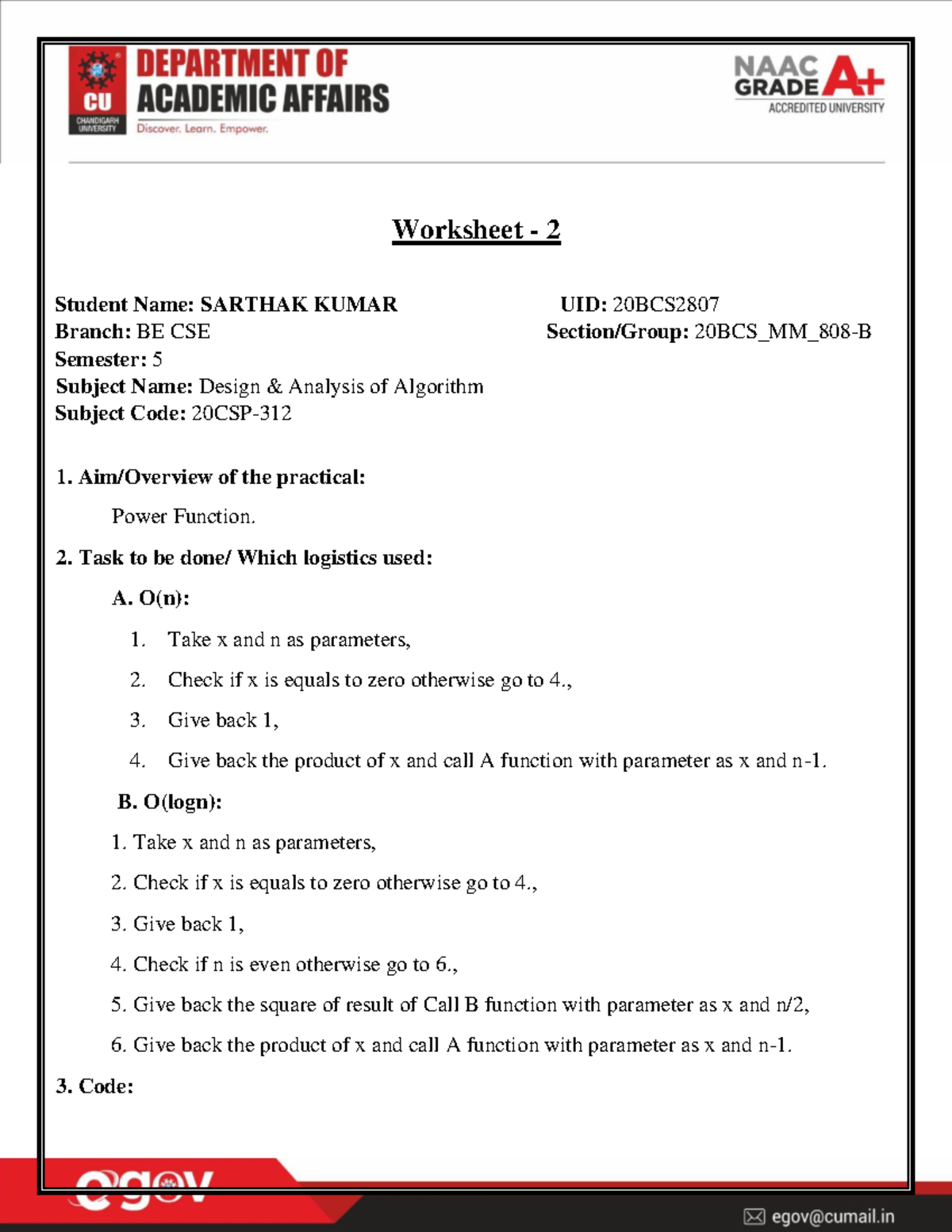 DAA 1.2 Sarthak - daa worksheet 1.2 - Worksheet - 2 Student Name ...
