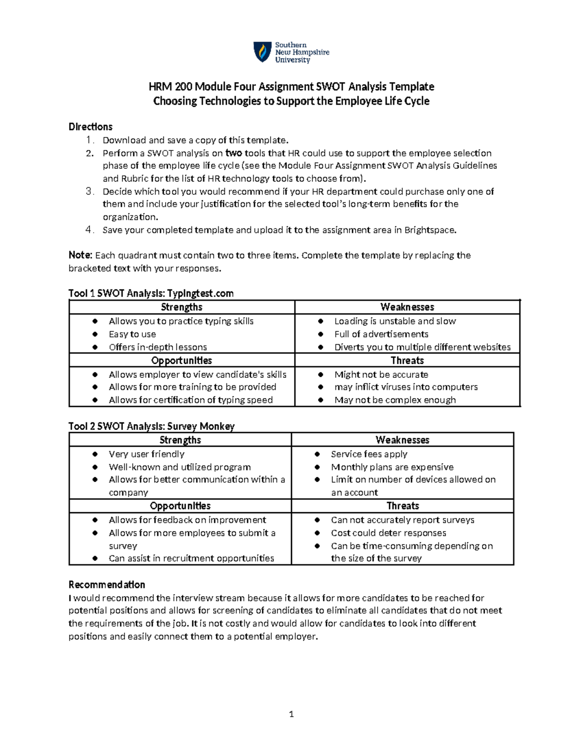 HRM 200 Module Four Assignment SWOT Analysis Template - Download and ...