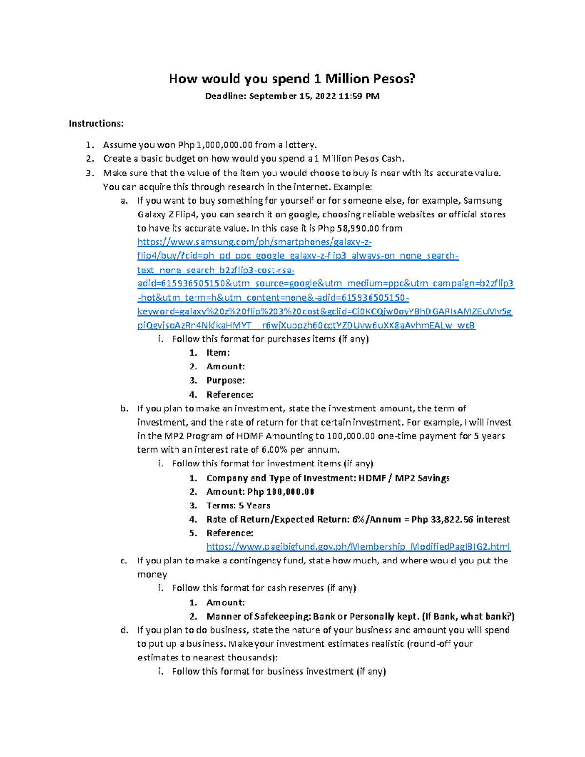 How would you spend 1 Million Pesos - Create a basic budget on how ...