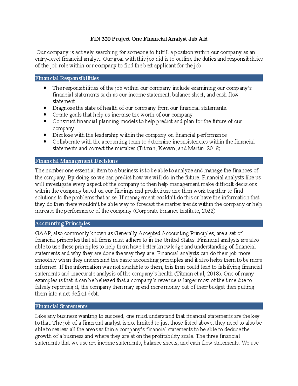3-2 FIN 320 Project One Financial Analyst Job Aid - Our goal with this ...
