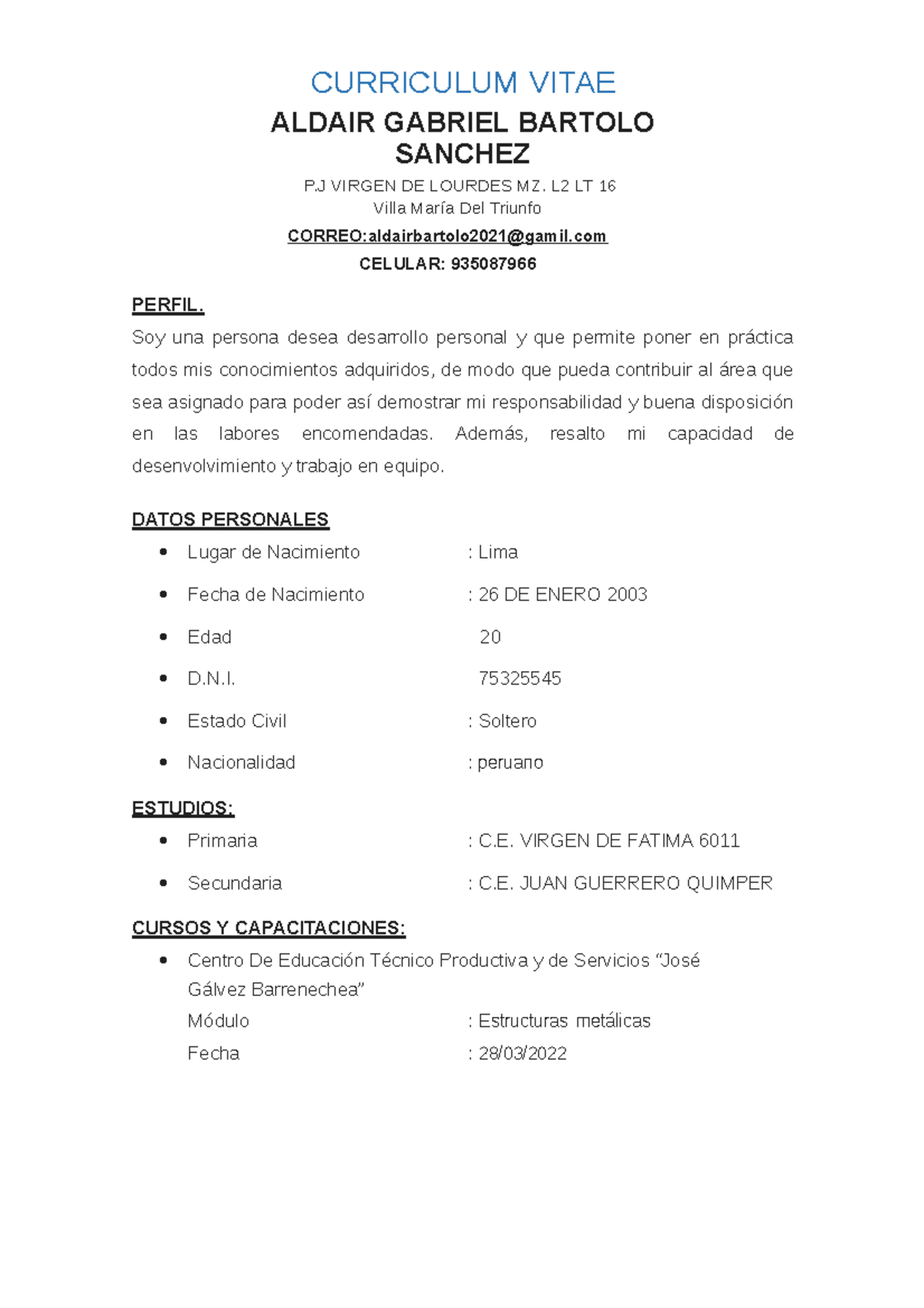 CV Aldair 2023486 - Jajaja - CURRICULUM VITAE ALDAIR GABRIEL BARTOLO ...