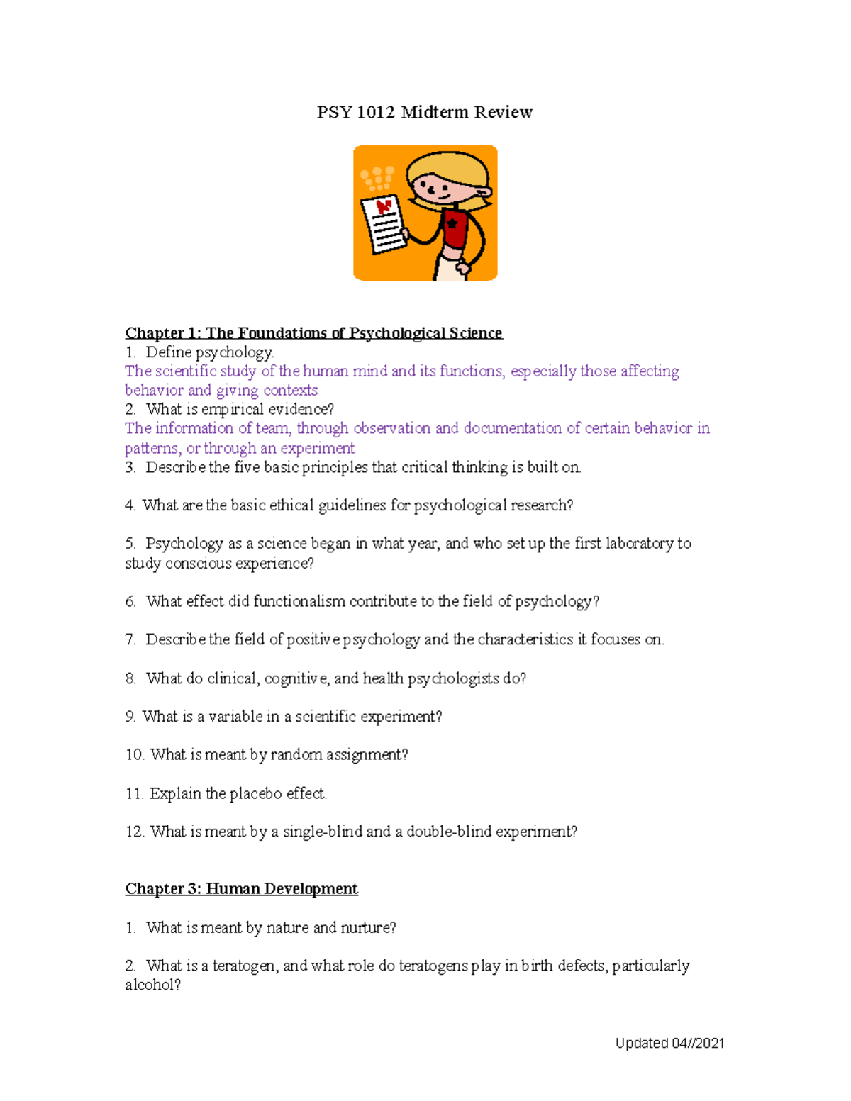 PSY 1012 Midterm Review - Coon 2022 - PSY 1012 Midterm Review Chapter 1: The Foundations of ...