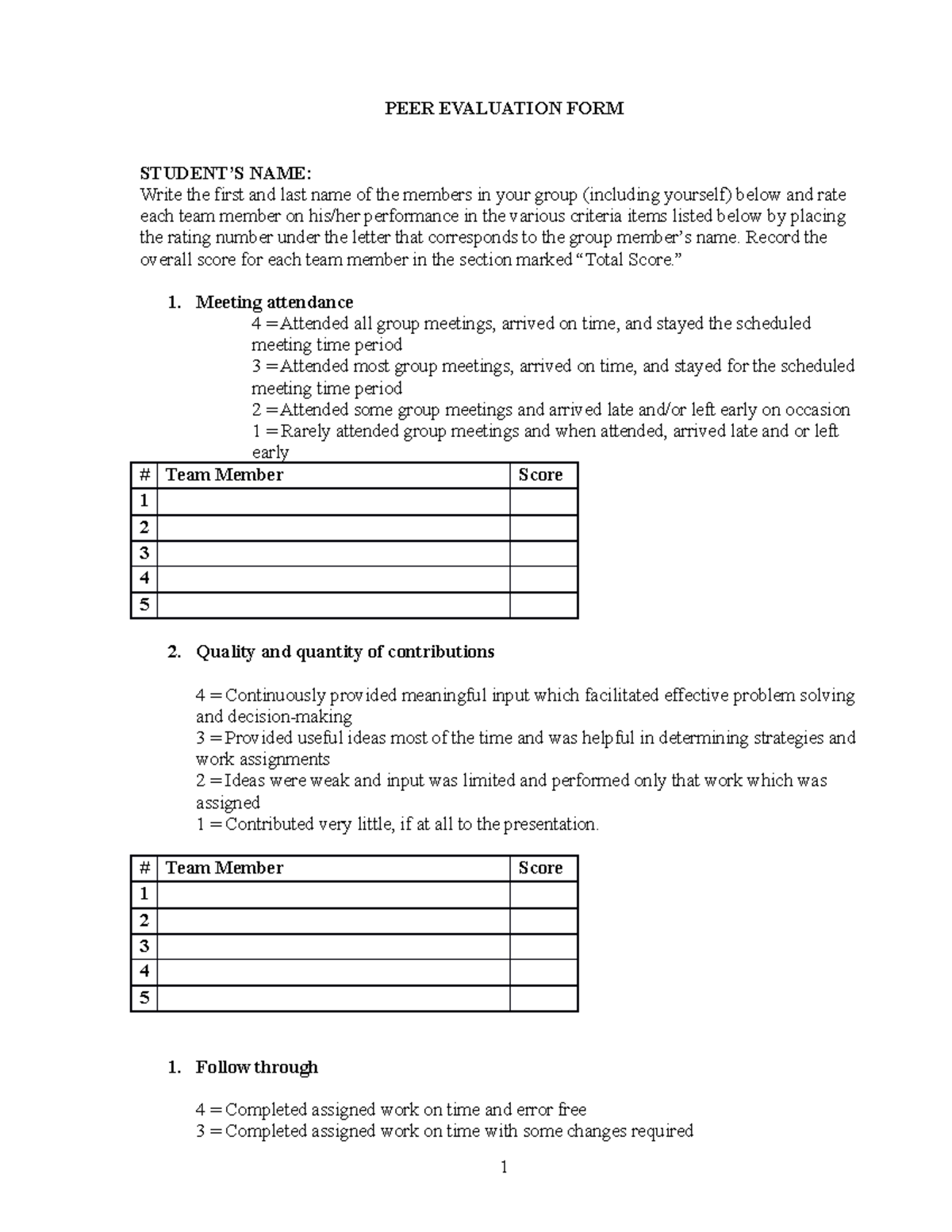 Peer Evaluation Form for Group Presentations Intro to Psych - PEER ...