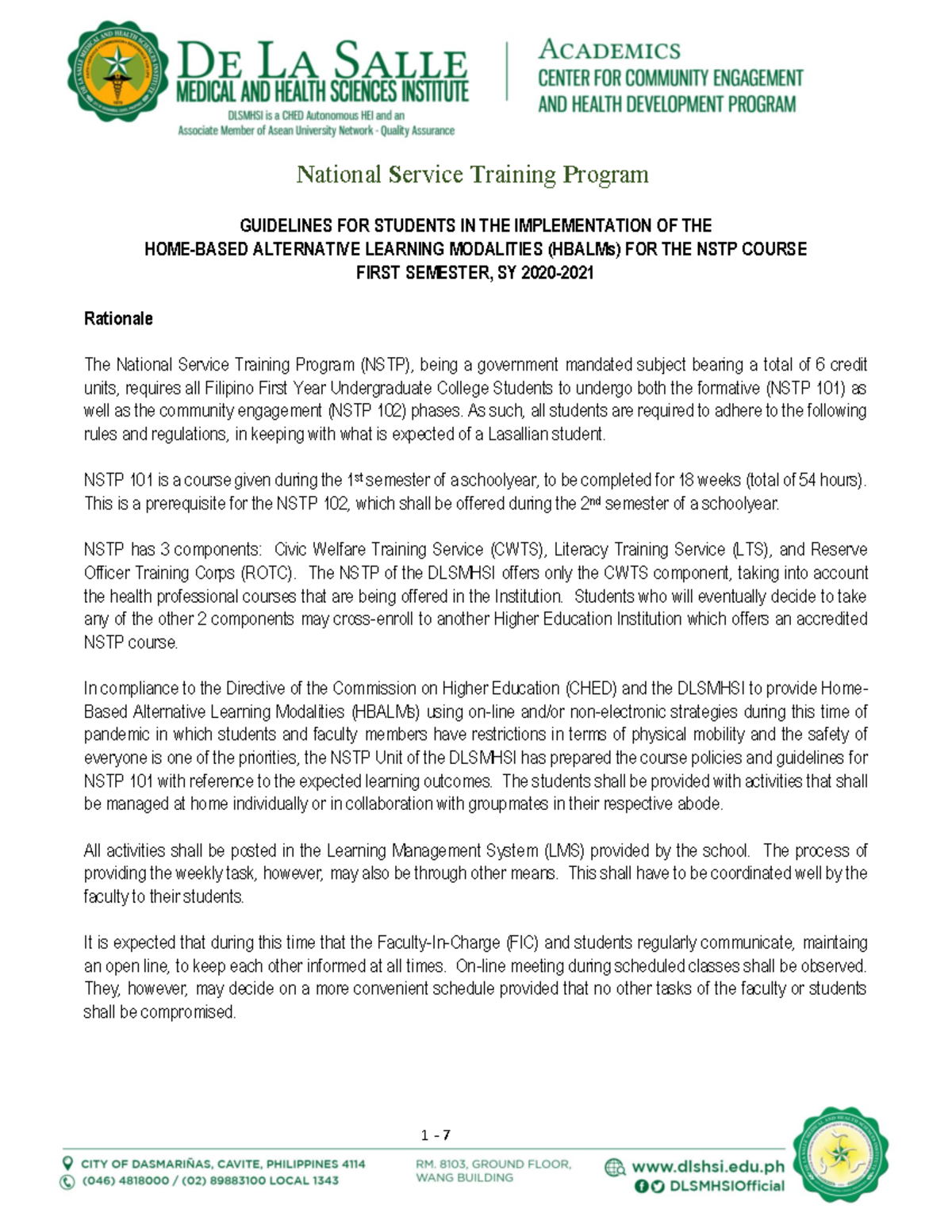 NSTP 101 CWTS Hbalm Guidelines SY 2020-2021 - nstp cwts - Studocu