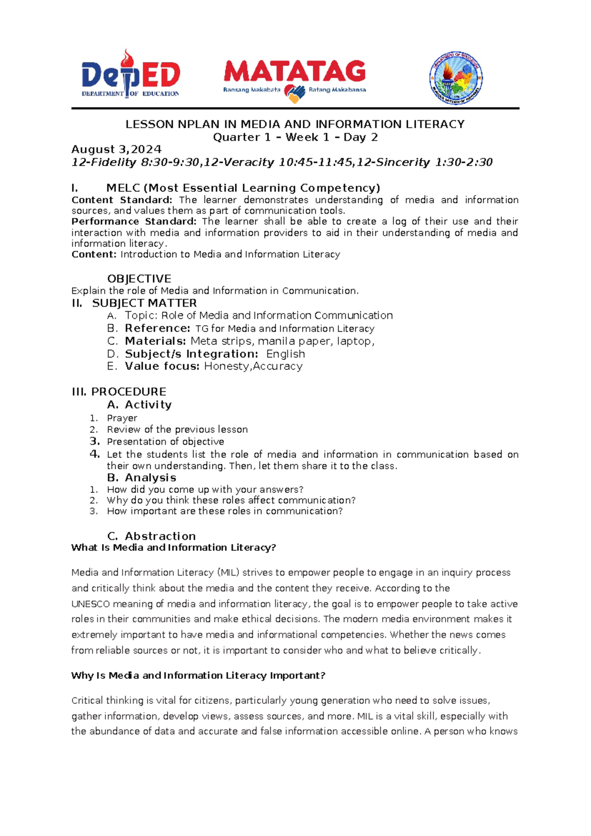 LP-1-MIL - MaEd - LESSON NPLAN IN MEDIA AND INFORMATION LITERACY ...