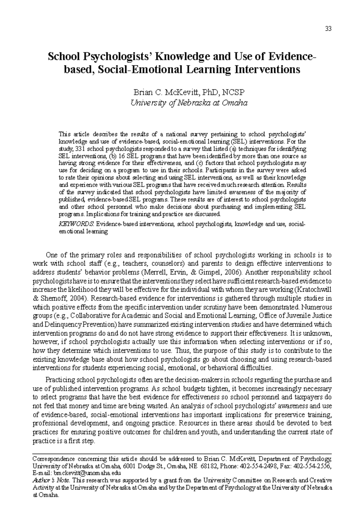 10 - sample research - 33 School Psychologistsí Knowledge and Use of ...