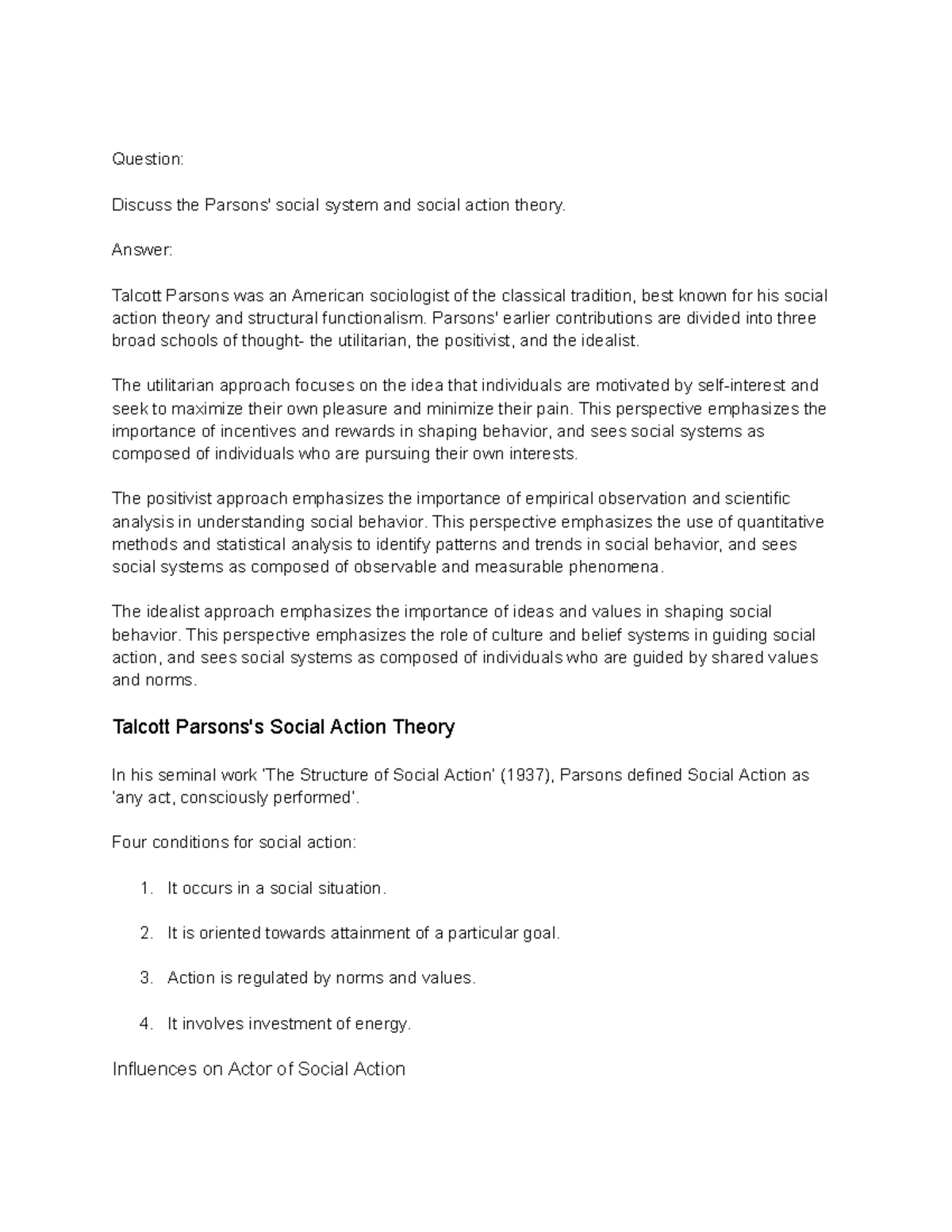 talcott parsons - Question: Discuss the Parsons' social system and ...