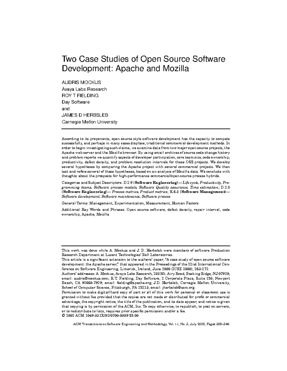 Mockus et al 2002 ACM Tosem - Two Case Studies of Open Source Software Development: Apache and ...