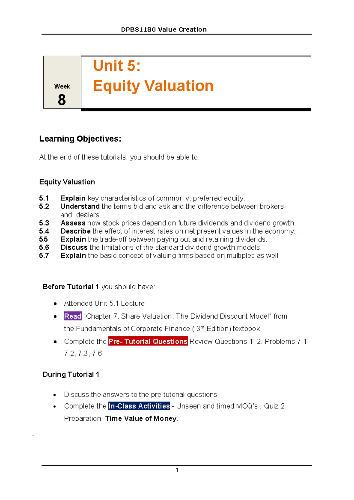 Unit 5- Week 8 - Tutorial - Equity Valuation 2022 Final - DPBS1180 Value Creation 1 Week 8 Unit ...