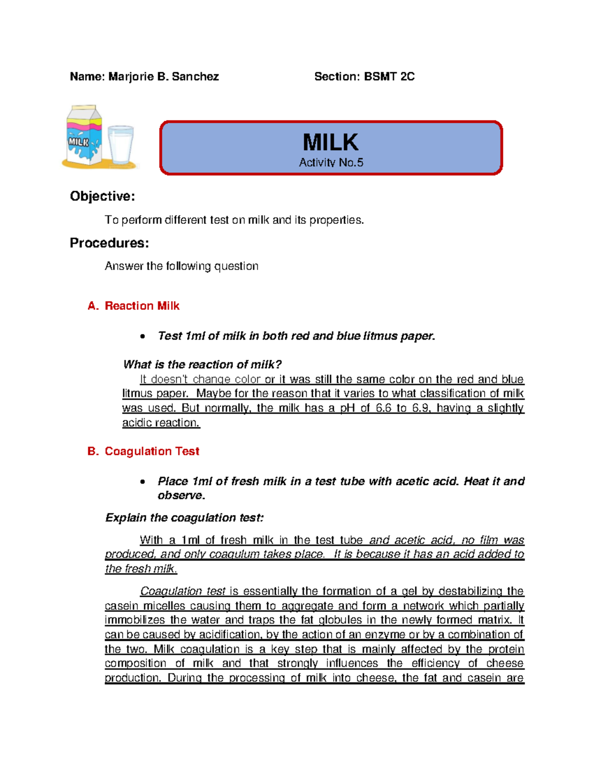 Activity 5-MILK- laboratory ( Biochem) - Name: Marjorie B. Sanchez ...