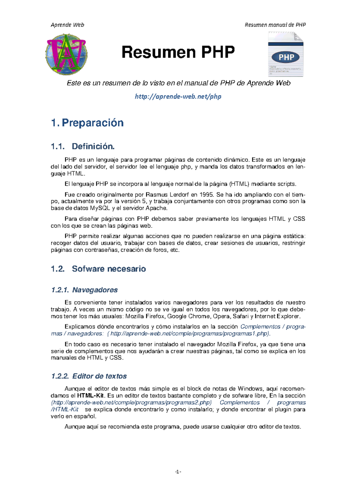 Resumen PHP - Lo basico de php - Resumen PHP Este es un resumen de lo visto en el manual de PHP ...