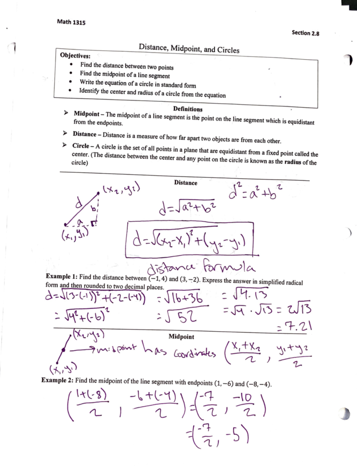 2.8 notes - distance, midpoint, and circles - l Math 1315 Section 2 ...