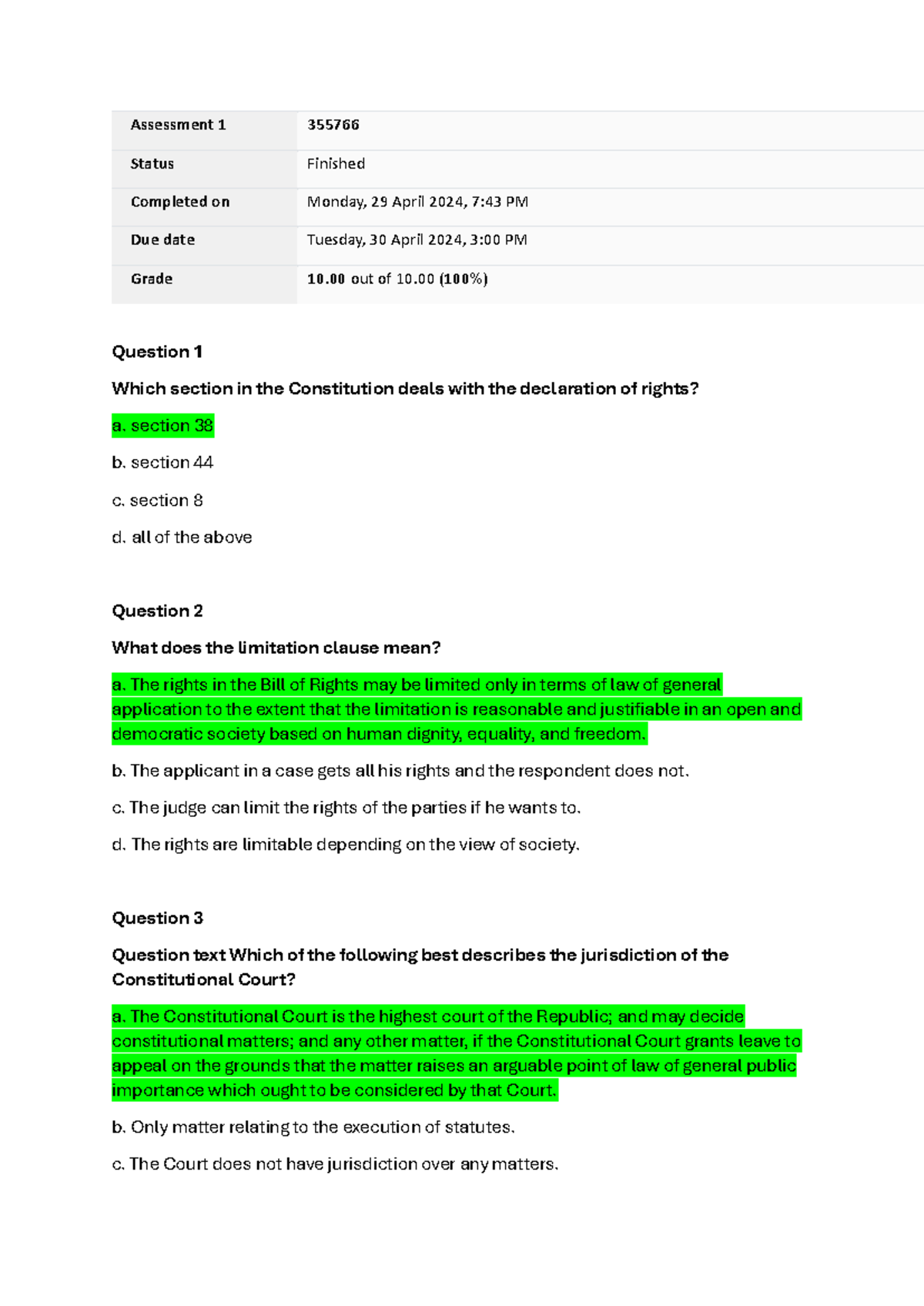 Assessment 1 - 00 out of 1 0 .00 ( 100 %) Question 1 Which section in the Constitution deals ...