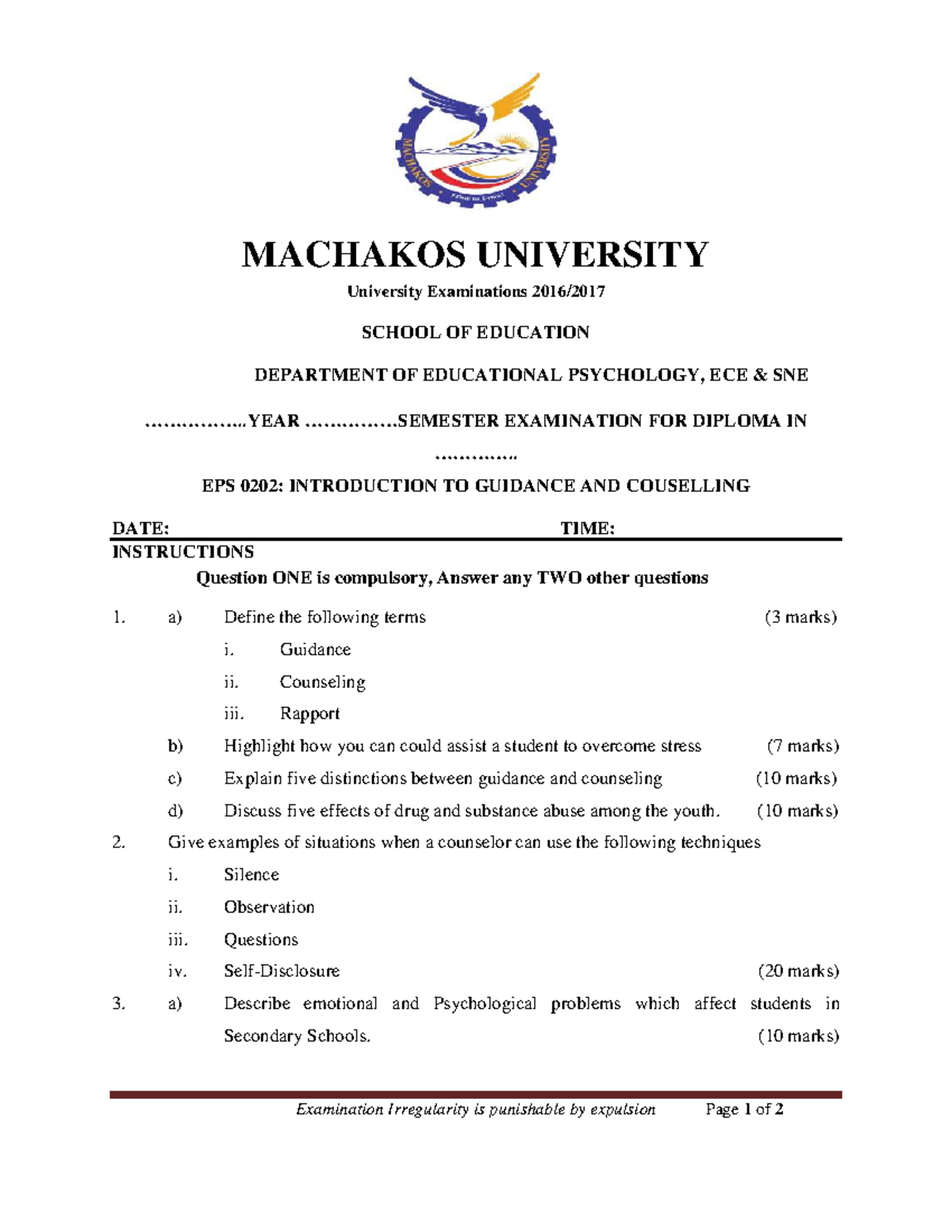 EPS 202 Introduction TO Guidance AND Couselling PAST Paper 2017 ...