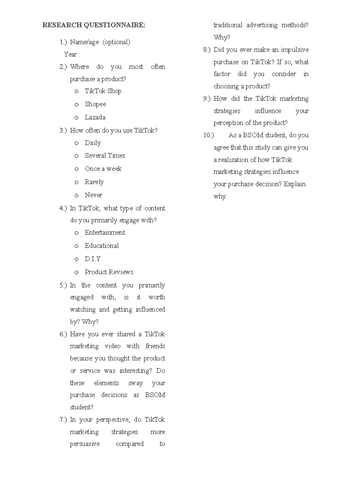 Research-Questionnaire - RESEARCH QUESTIONNAIRE: 1.) Name/age ...