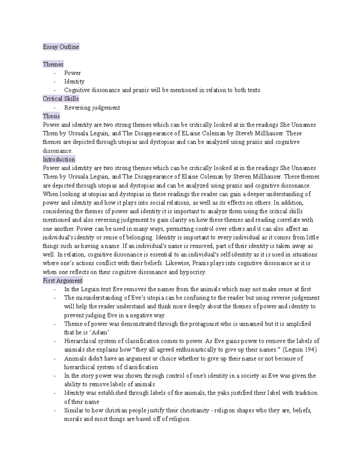 Formal Essay - Outline - Essay Outline Themes - Power - Identity ...