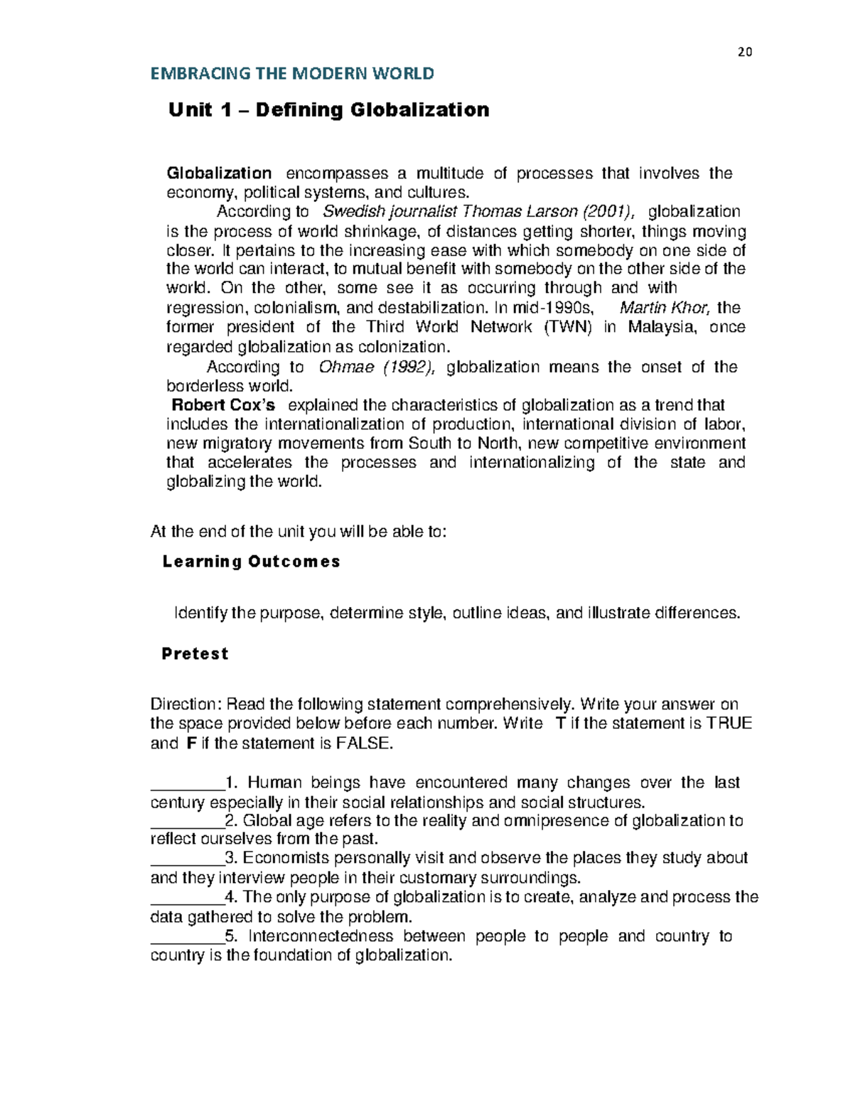 GE CW THE Contemporary World Module - EMBRACING THE MODERN WORLD Unit 1 – Defining Globalization ...