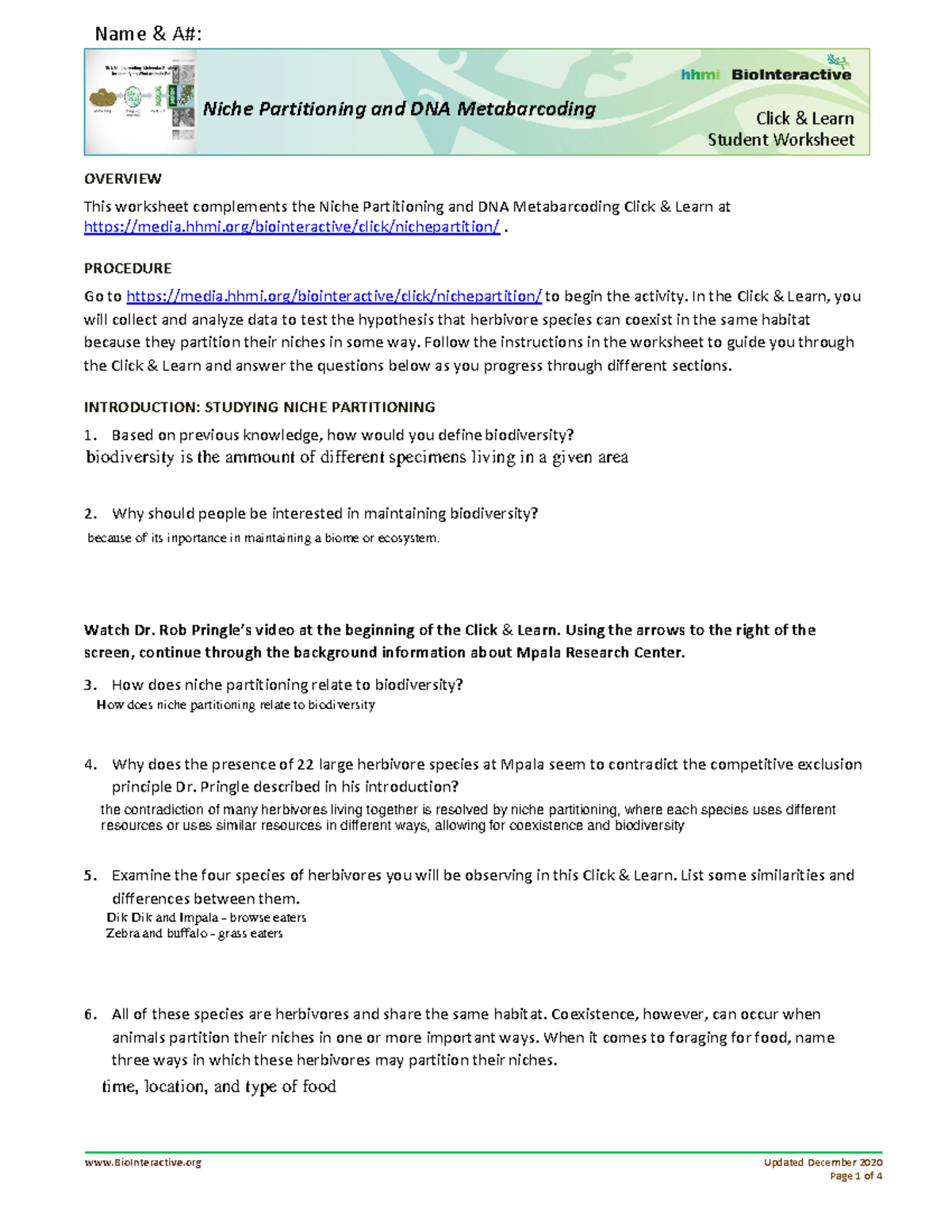 Problem Set 6-Niche Partitioning-1 - BioInteractive Updated December ...