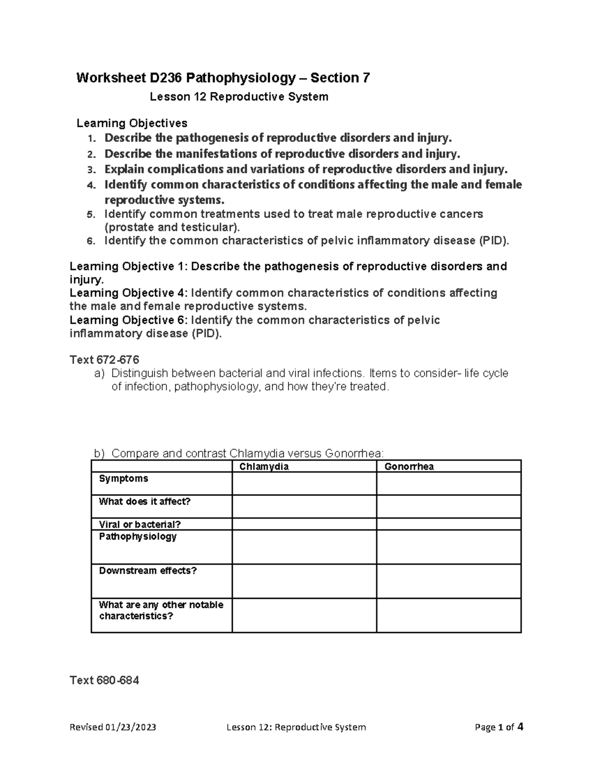 Lesson 12 Reproductive System - Worksheet D236 Pathophysiology ...