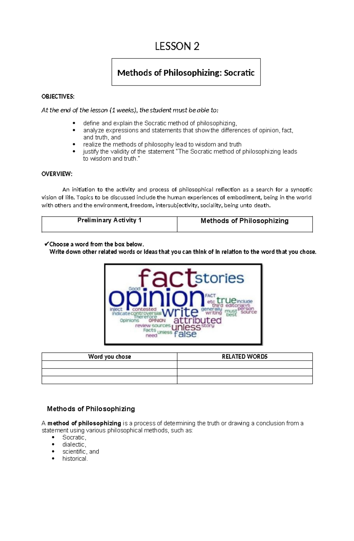 Lesson 2 - Methods of Philosophizing: Socratic LESSON 2 OBJECTIVES: At ...