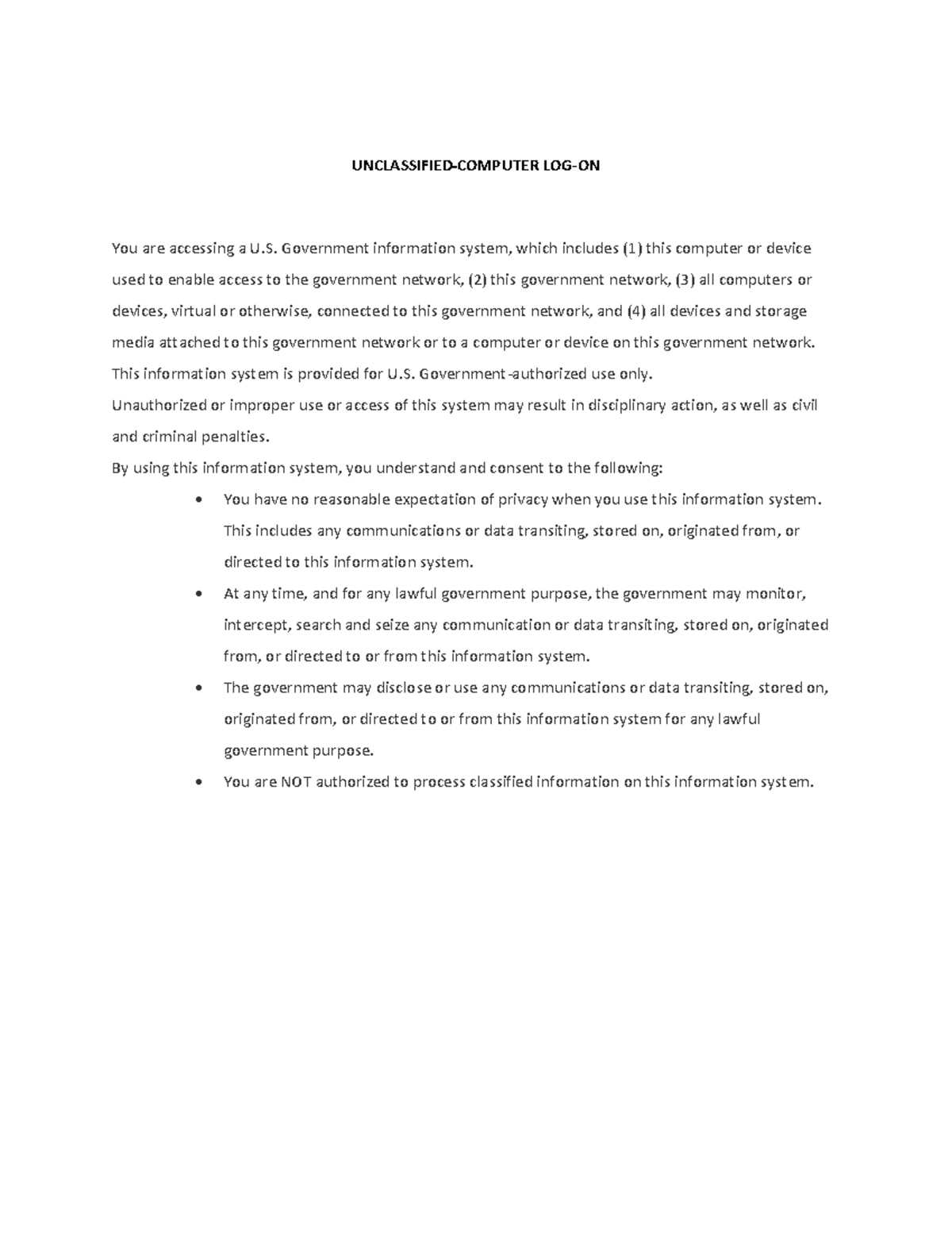 DHS consent banner - UNCLASSIFIED COMPUTER LOG-ON You are accessing a U ...