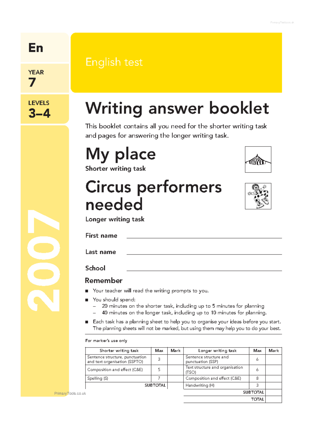 Yr7 2007 writing answer - ####### LEVELS 3– En ####### YEAR 7 2007 ...
