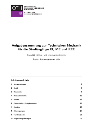 Klausuraufgaben mit Lösungen - Technische Mechanik 1 Prüfungsaufgabensammlung mit Lösungen - Studocu