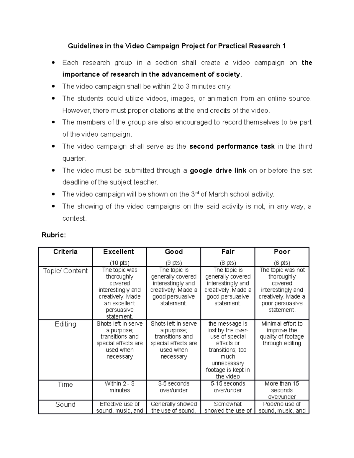 Guidelines in the Video Campaign Project for Practical Research 1 - The ...