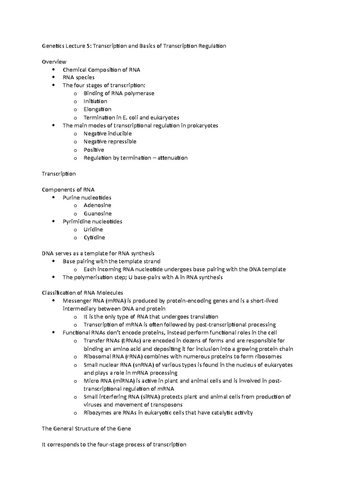 Lecture 5 Notes - Transcription and its Regulation - Genetics Lecture 5 ...