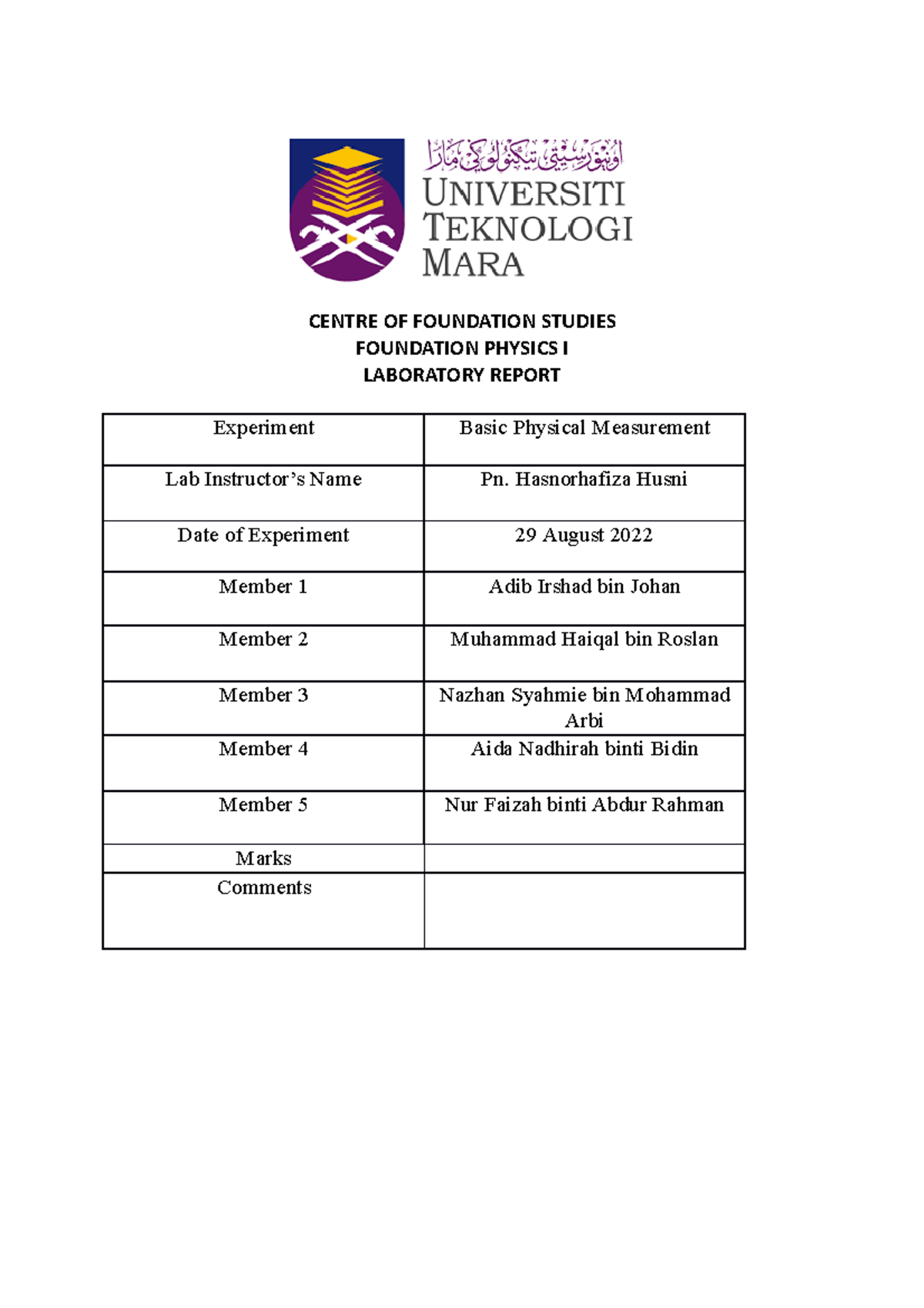 Tutorial Physic Foundation - CENTRE OF FOUNDATION STUDIES FOUNDATION PHYSICS I LABORATORY REPORT ...