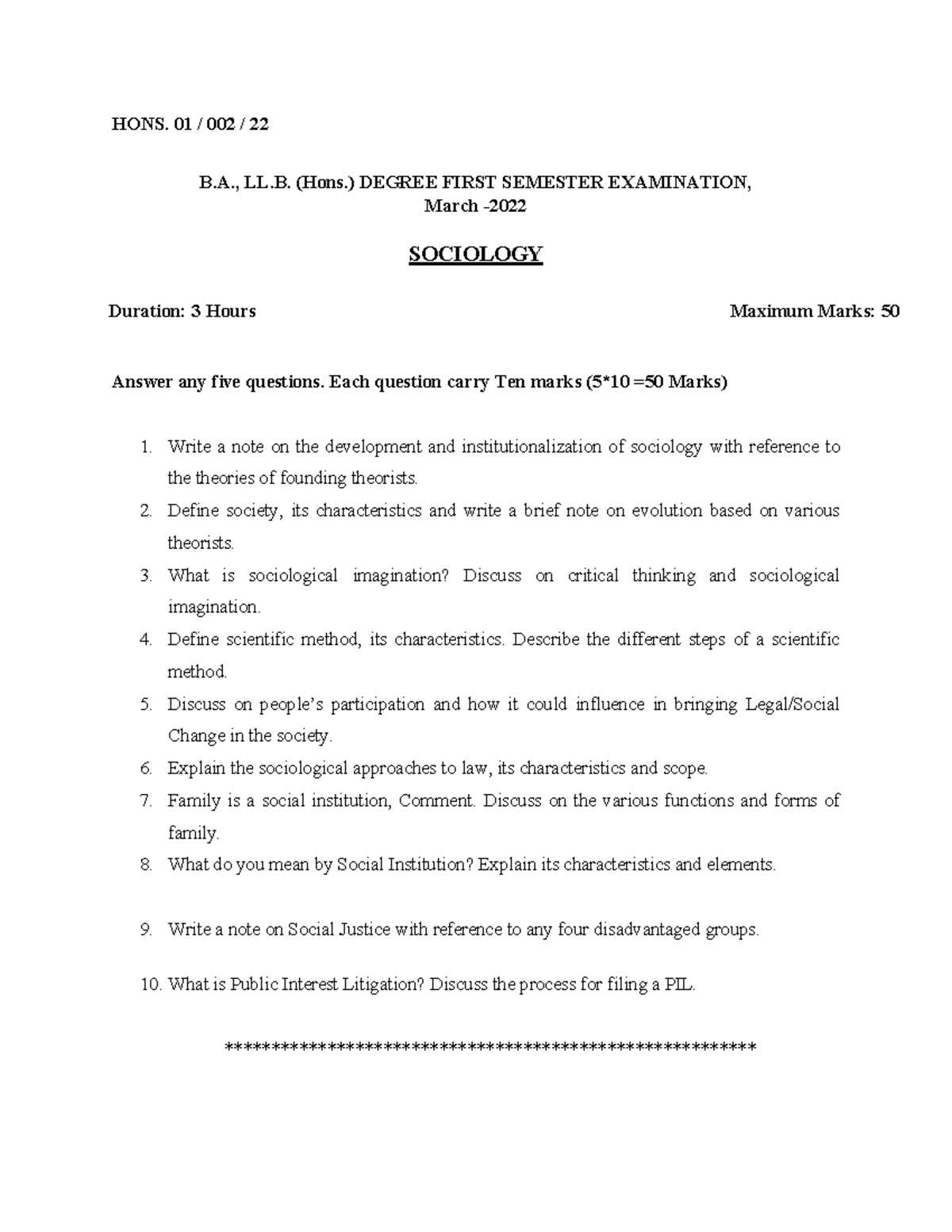 Sociology - Writing practice within 1 hour - HONS. 01 / 002 / 22 B., LL ...