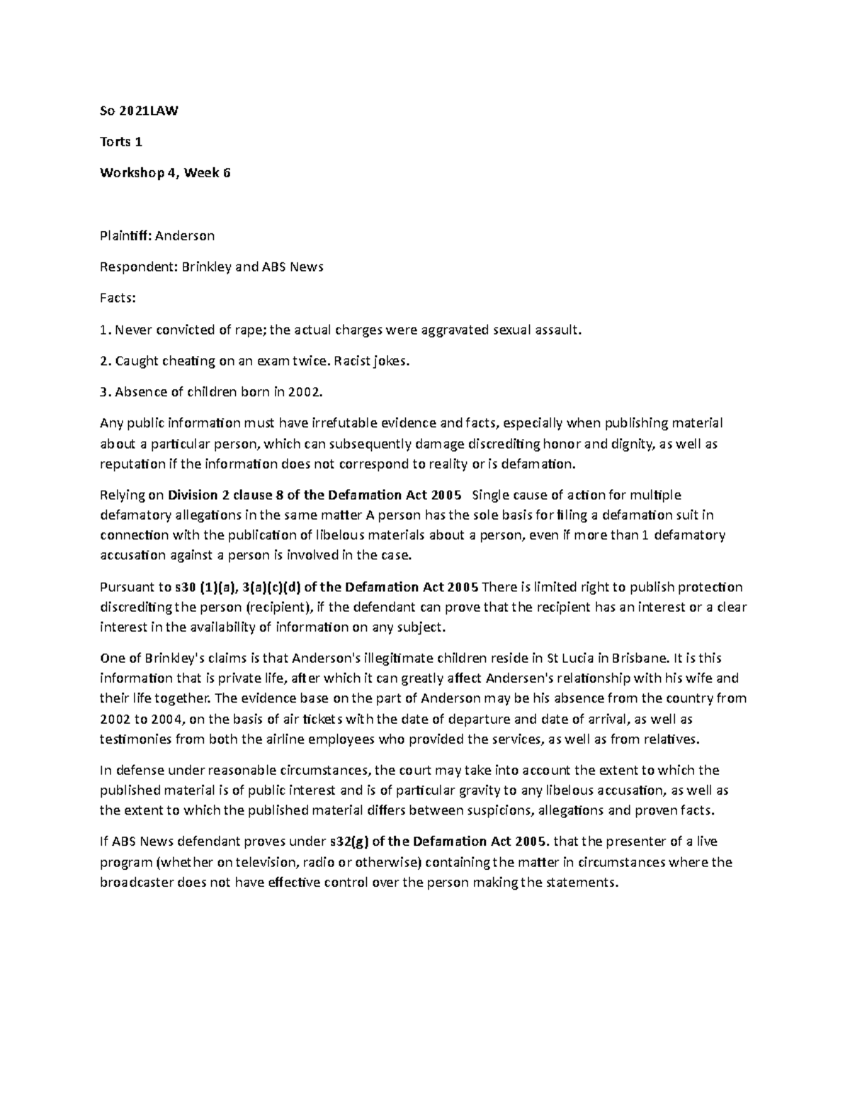 2021LAW Tort 1 week 6 answer 2 - So 2021LAW Torts 1 Workshop 4, Week 6 Plaintiff: Anderson - Studocu