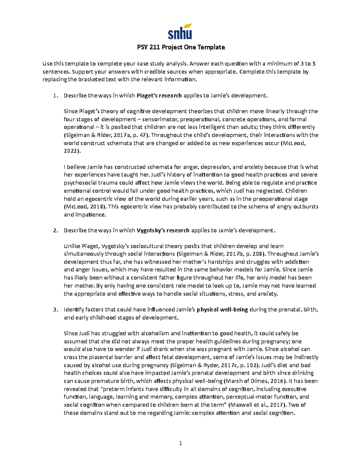 Project One - Theories of Development - PSY 211 Project One Template ...