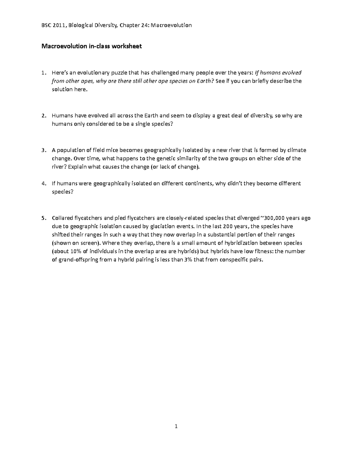 24 Macroevolution Worksheet - BSC 2011, Biological Diversity, Chapter ...