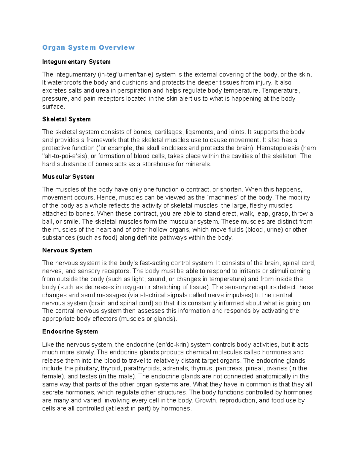 Organ System Overview - Organ System Overview Integumentary System The ...