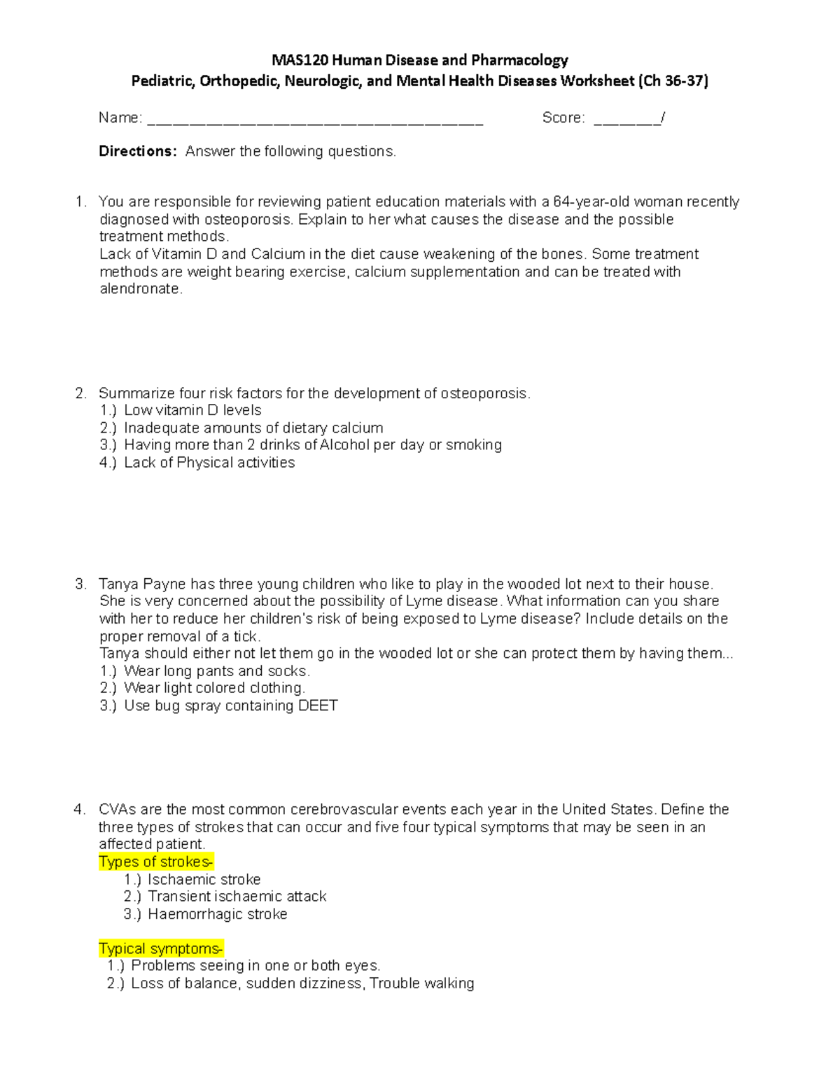 MAS120 Week 4 Pediatric, Orthopedic, Neurologic, and Mental Health ...