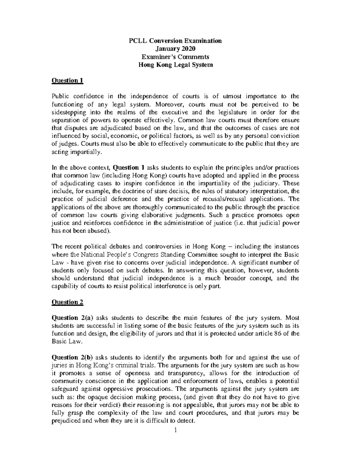 2020 Jan comments - 1 PCLL Conversion Examination January 2020 Examiner ...