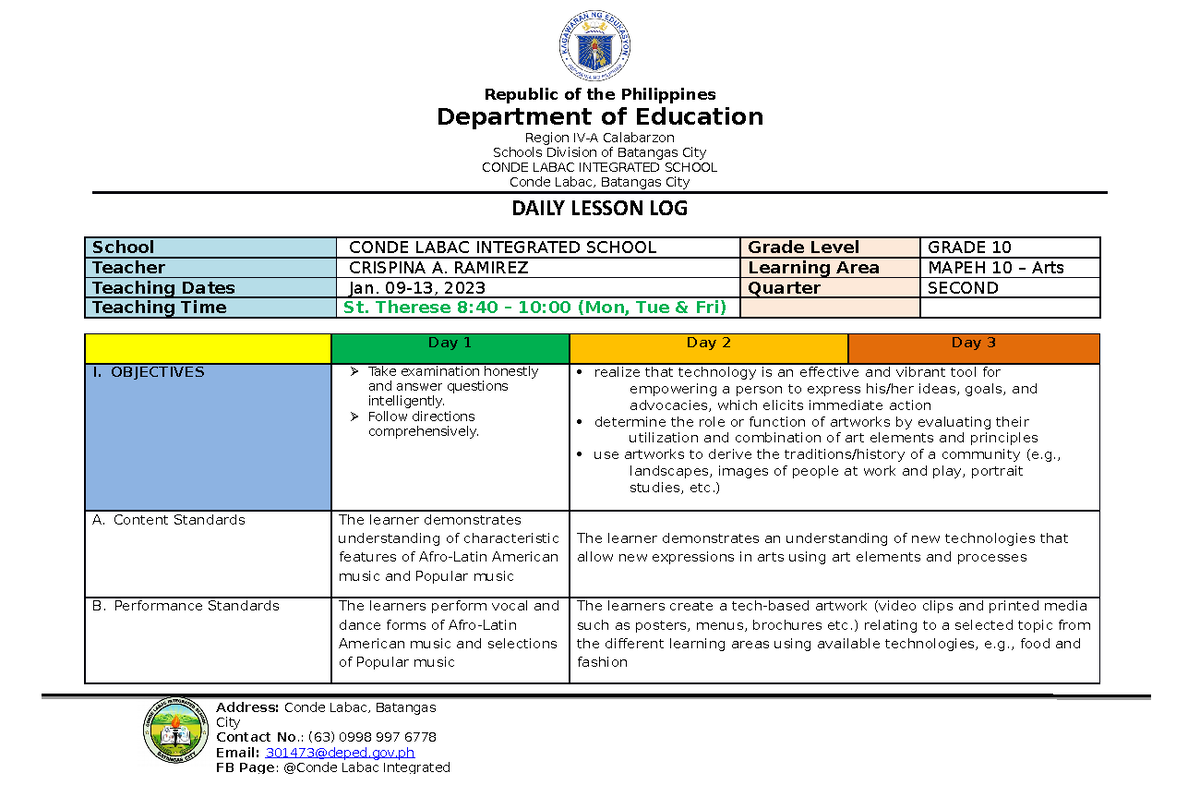 7th week - sample mapeh dll - Department of Education Region IV-A ...