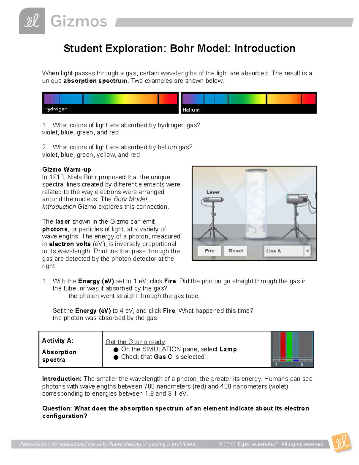 Gizmo Lab - Bohr Model Intro Student Version - Student Exploration ...